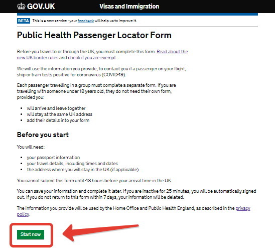 Форма анкета для въезда в UK: Public Health Passenger Locator Form